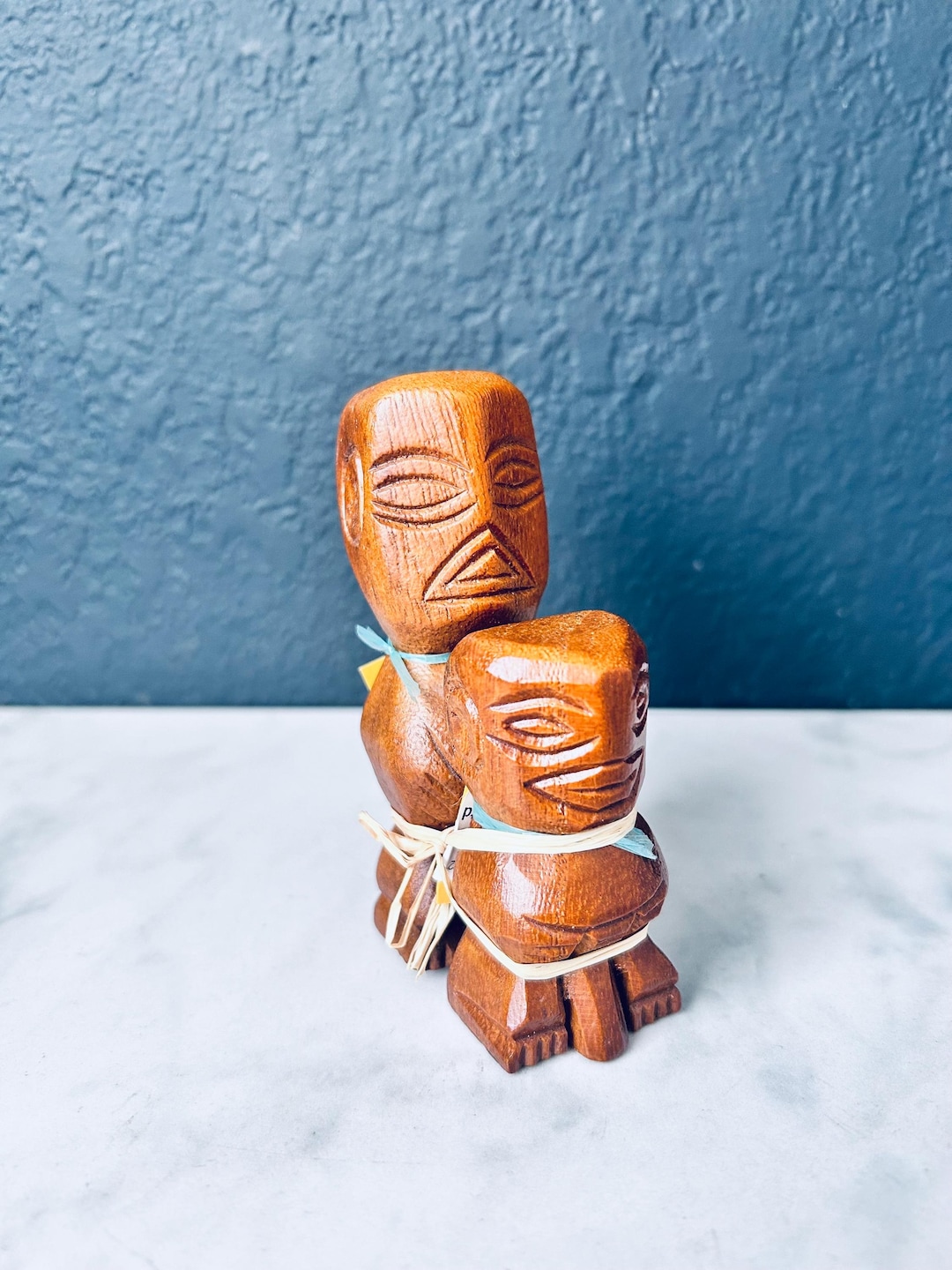 Cook Islands Tangaroa Figure Tiki Hand Carved Wood 4" and 3” Figurines ...