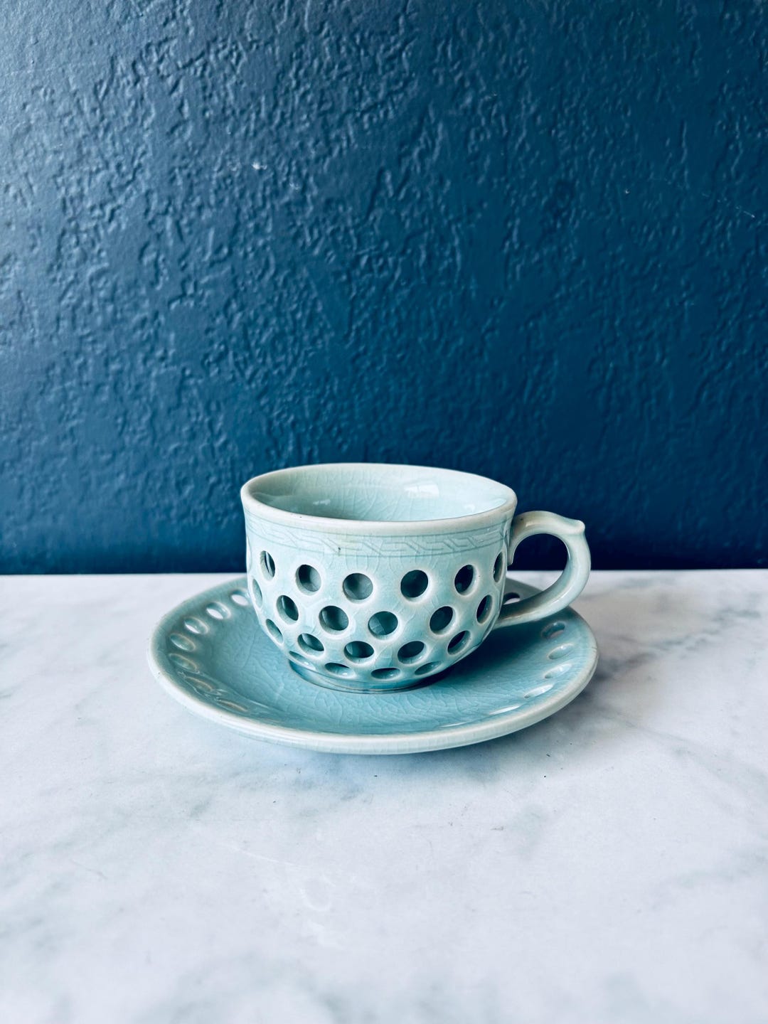 Asian Porcelain Celadon Pierced Double Walled Cup & Saucer Set Light Green Tea Cup Mug - Etsy