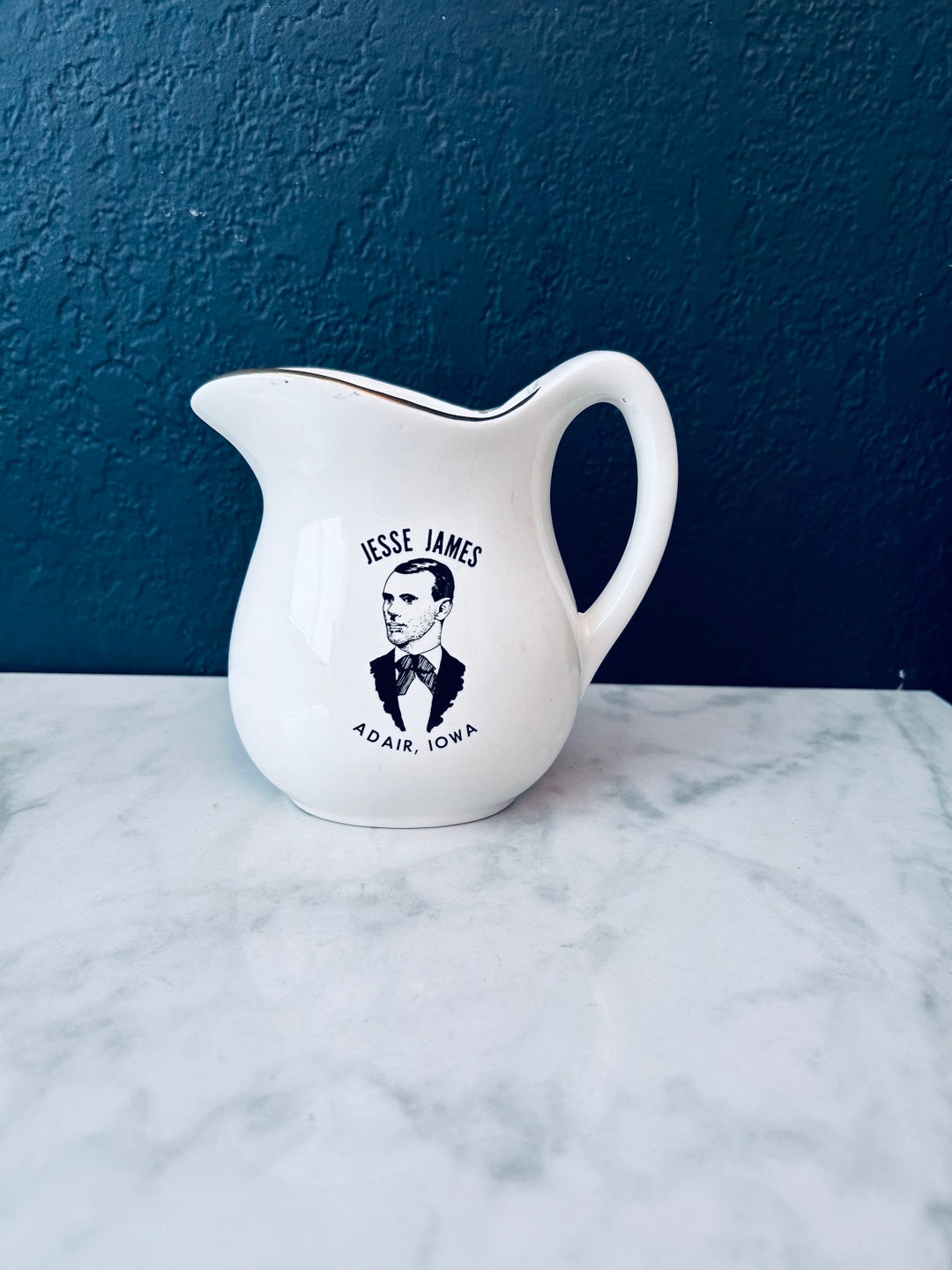 Jesse James Pitcher Souveneir Piece USA Iowa 5” H Gold Rim - Etsy