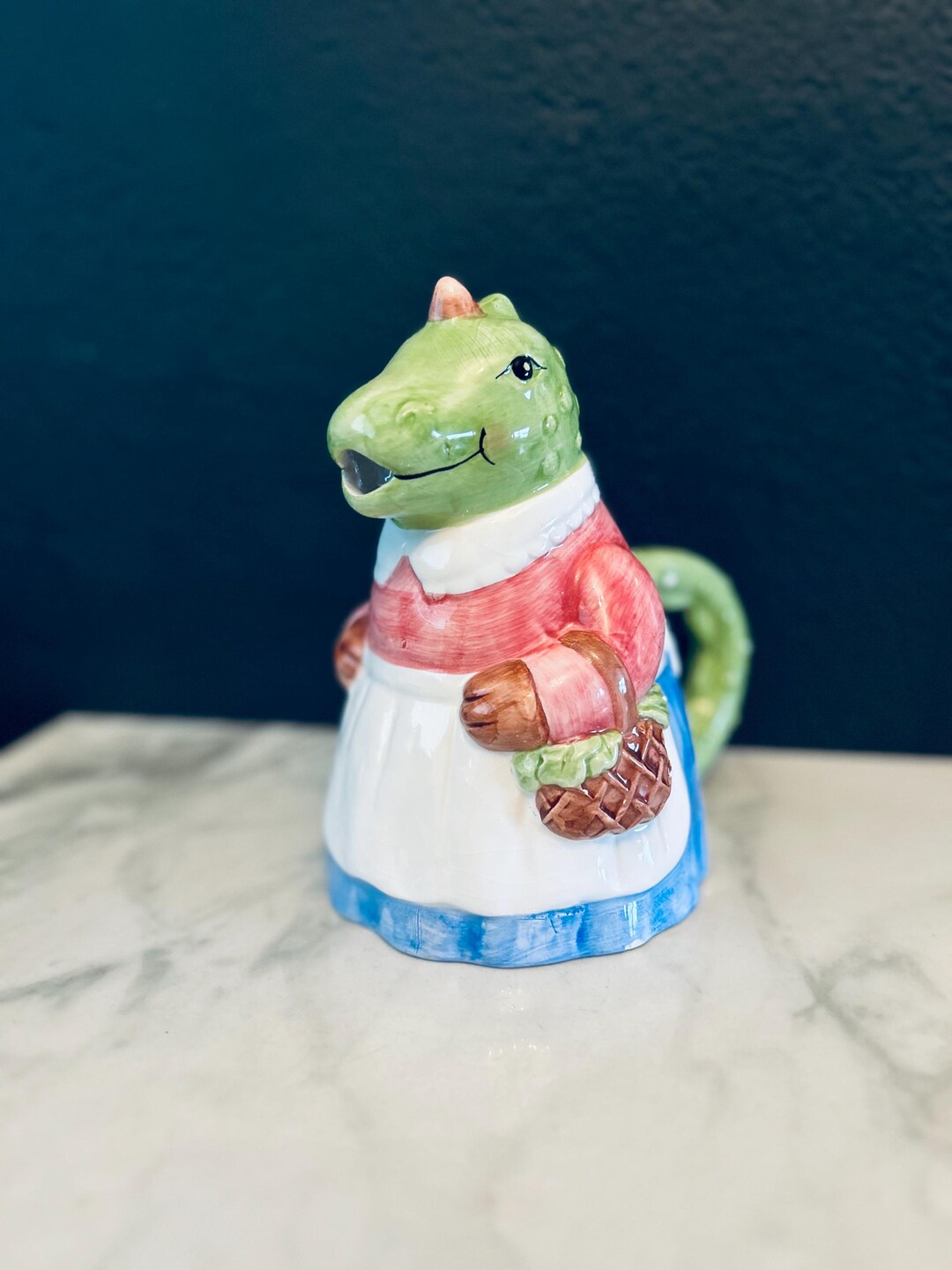Anthropomorphic Lady Dinosaur Dragon Pitcher With Market Basket & Apron ...