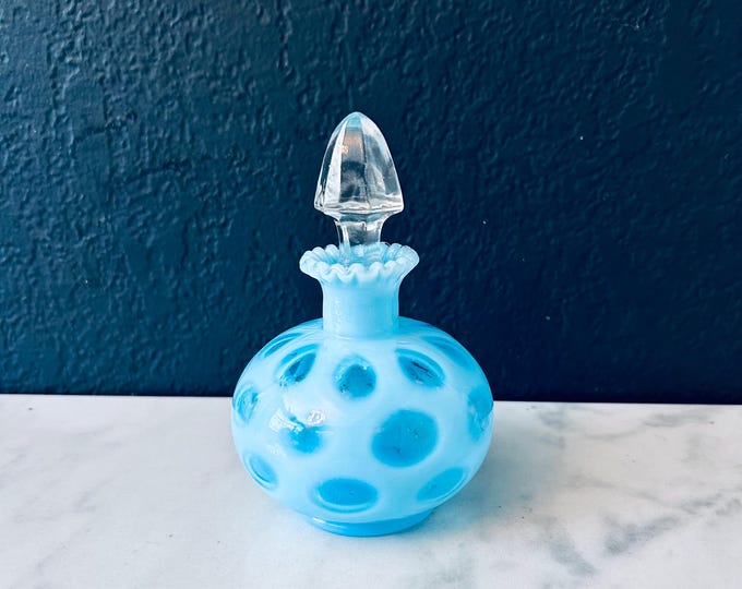 Fenton Blue Opalescent Coin Dot Glass Perfume Bottle King Crown Stopper ...