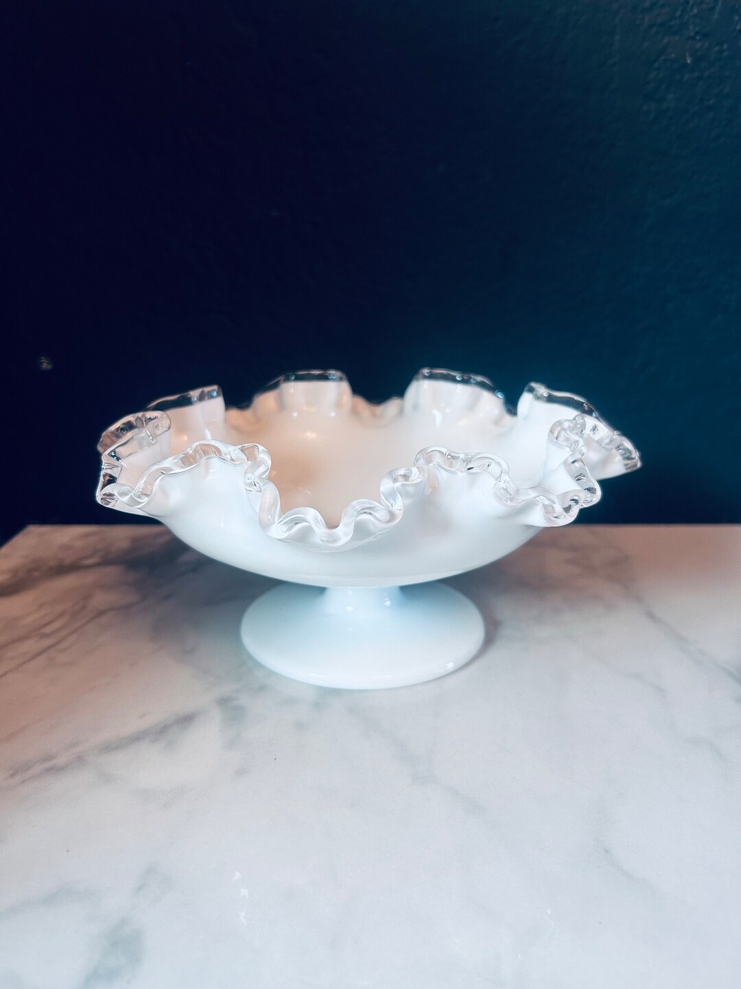 Fenton Silver Crest Pedestal Bowl Milk Glass Footed Ruffled Edge Bowl 8 ...