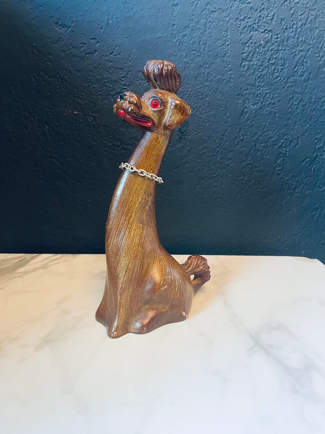 Wooden Poodle Statue MCM Red Jewel Eyes and Necklace 7 H - Etsy