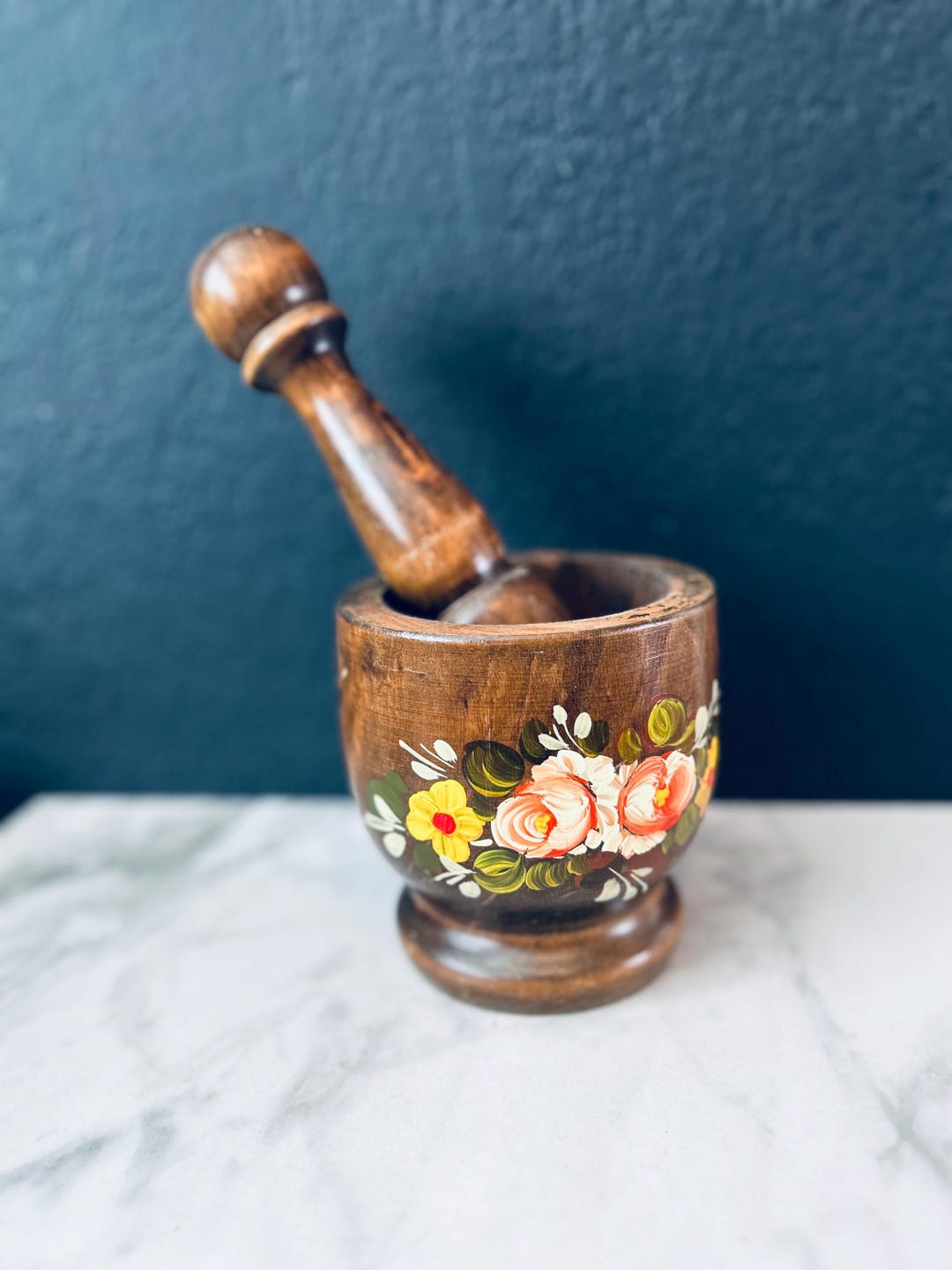 Mortar and Pestle Walnut Wood Hand Painted European 7” Length Mortar 4. ...