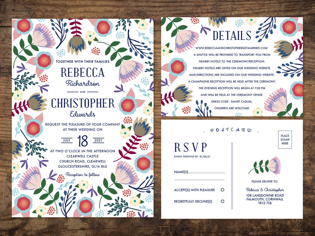 Folk Floral Wedding Invitation Suite Printable or Printed - Etsy