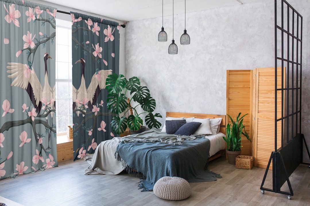 Set of 2 Curtains With Cranes, Room Divide Screen Wall Panel, Blackout ...