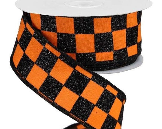 Glitter Check Ribbon, Orange and Black, Wired Ribbon, 1.5" Wide X 10 ...