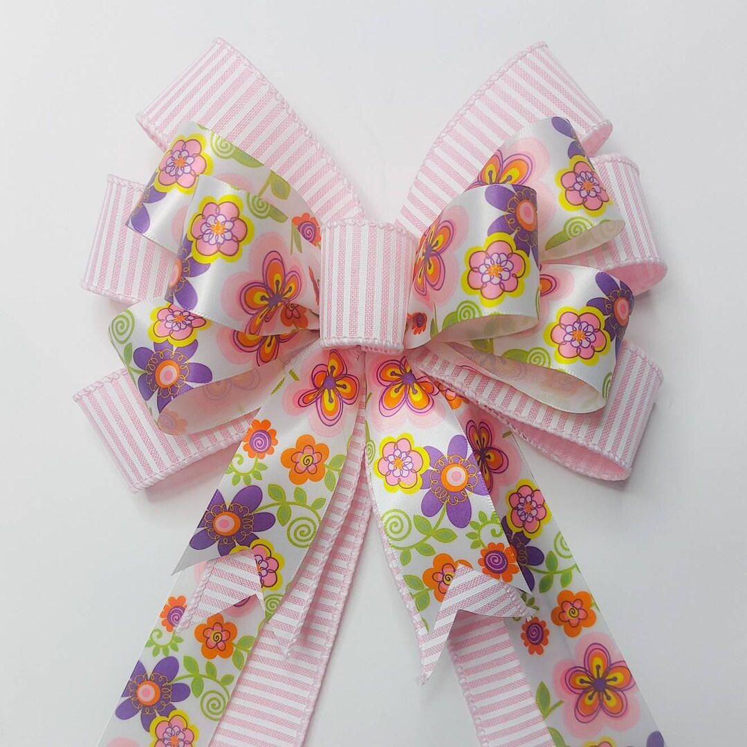 Spring Bow, Bold Flowers on Satin, Pink Stripes - Etsy
