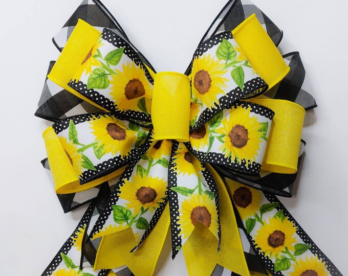 Sunflower Bow With Black and White Diagonal Plaid, Size Large - Etsy