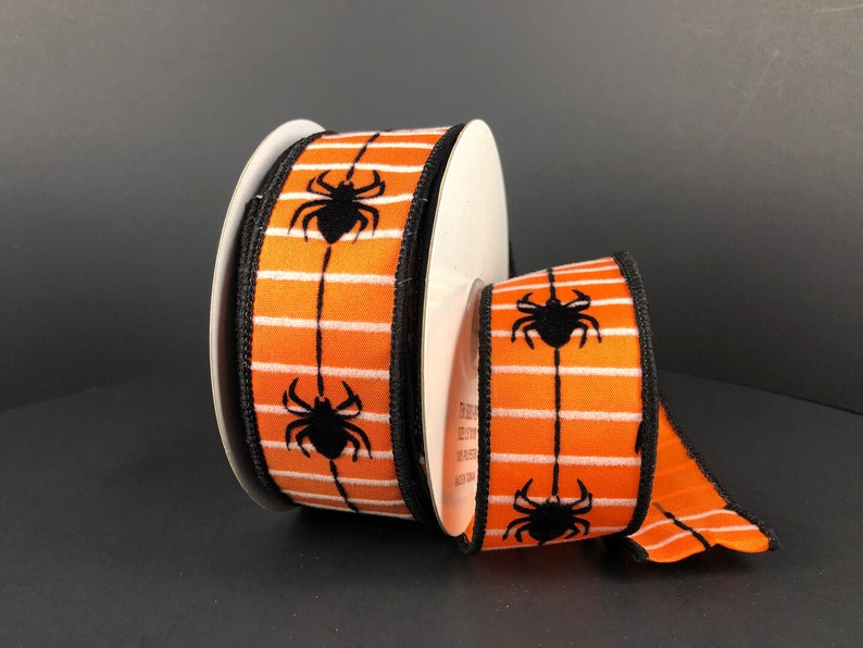 Black Flocked Spiders Stripe Ribbon, Halloween, Black/white on Orange ...