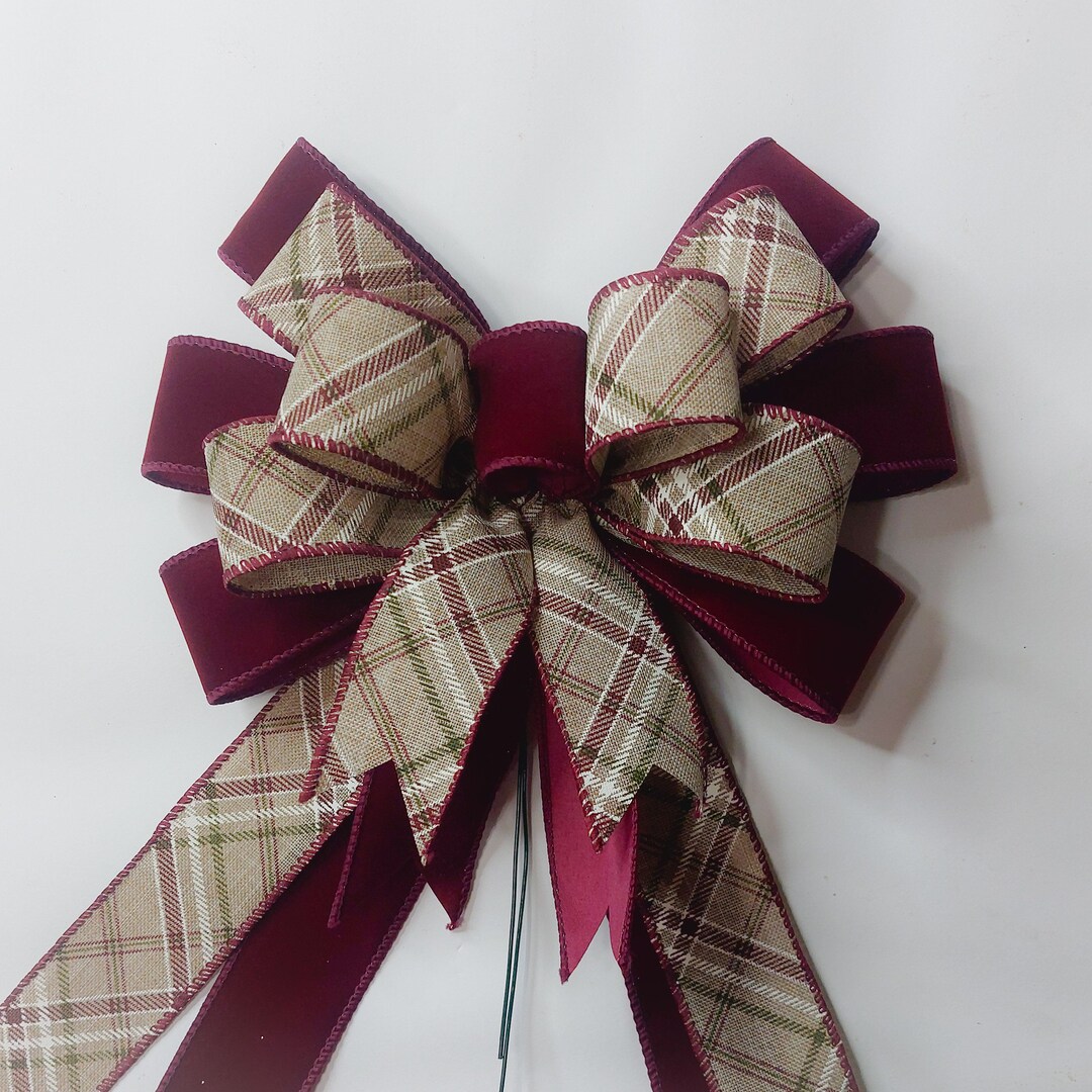 Beige/burgundy Lines With Burgundy Velvet Christmas Bow, - Etsy