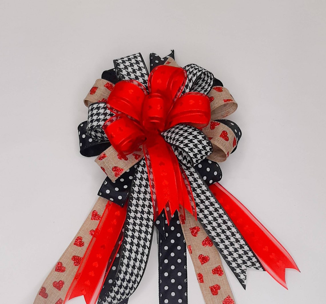 Valentine's Day Bow Red Satin Hearts Black and White | Etsy