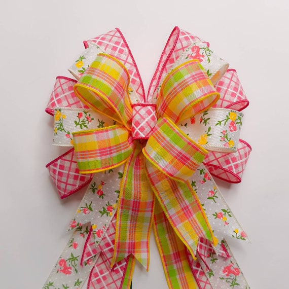 Spring/summer Bow Yellow Plaid Vintage Flower Print Pink | Etsy