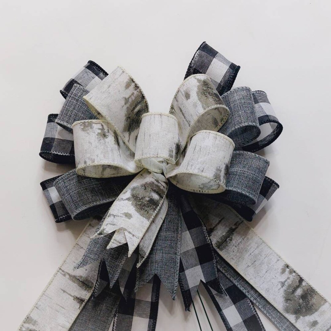 Birch Print, Buffalo Check and Gray Linen Bow - Etsy