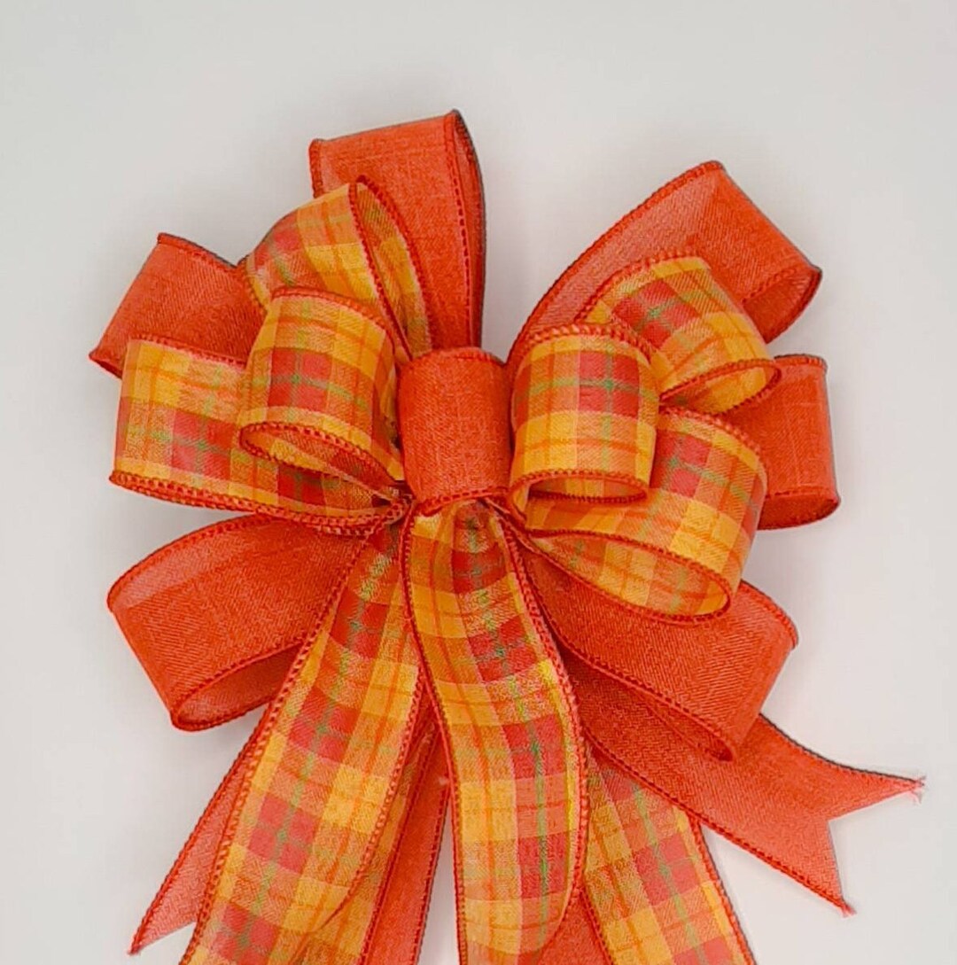 Fall Wreath Bow, Autumn Bow, Plaid and Rust Linen - Etsy
