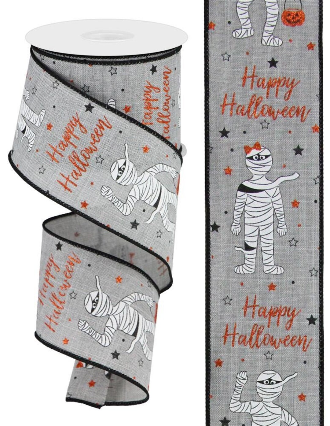 Mummies Halloween Ribbon, White/black, Orange Glitter on Ligth Grey ...