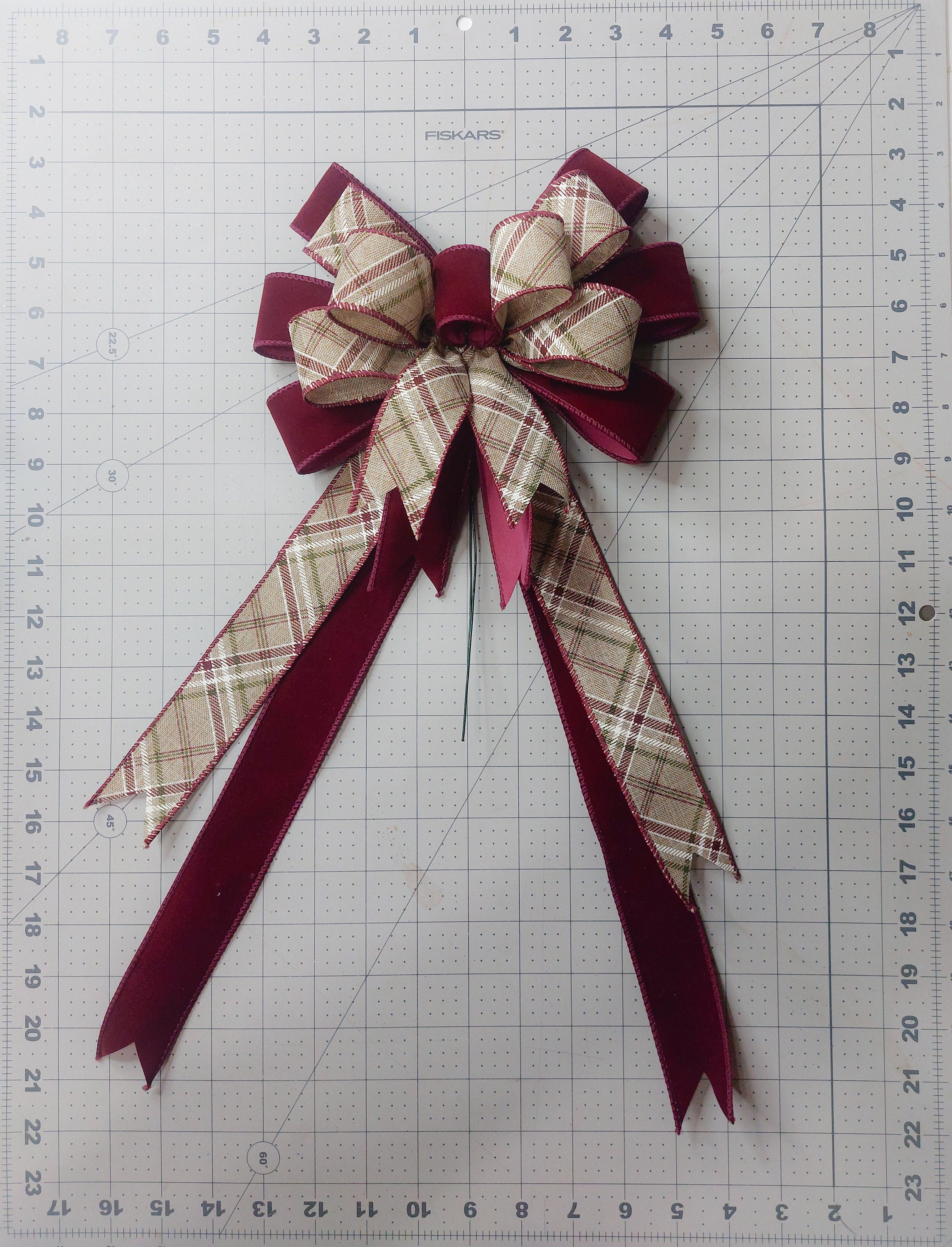 Beige/burgundy Lines With Burgundy Velvet Christmas Bow, - Etsy