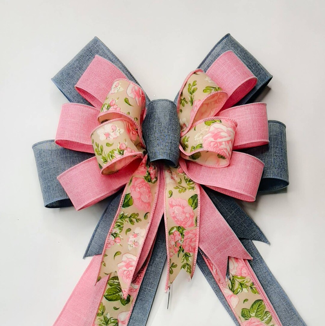 Spring Bow, Pink Floral Print, Denim Blue - Etsy