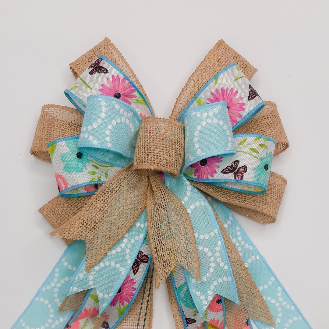 Spring Bow With Wildflower Floral Print With Butterflies, Burlap, 2 ...