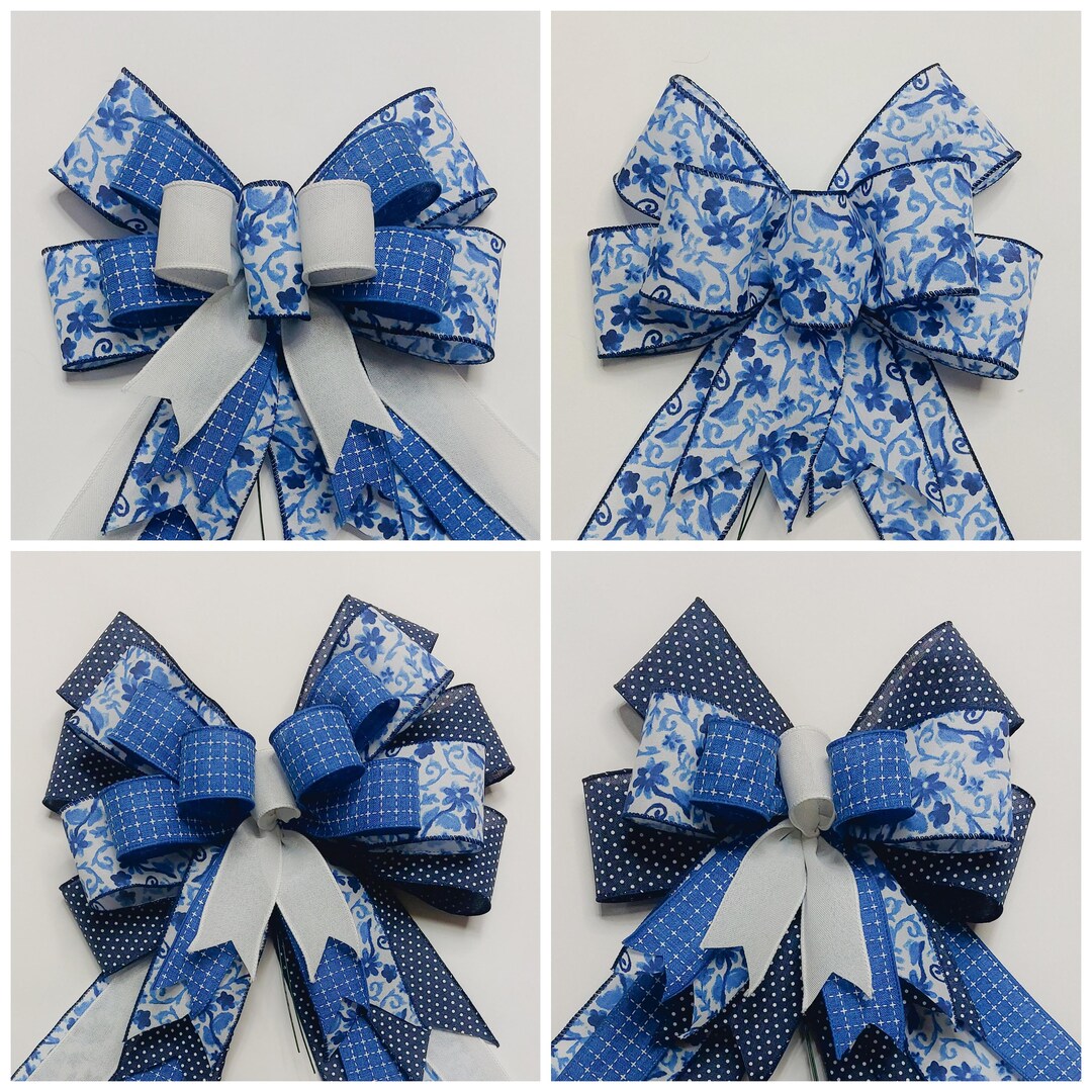 Blue Watercolor Flowers and Branches Wreath Bow - Etsy