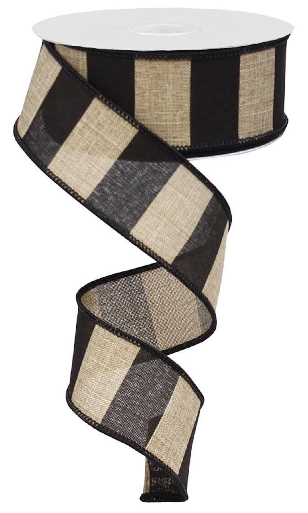 Wide Stripe Ribbon, Black on Beige, Royal Burlap, Wired Ribbon, 1.5 ...