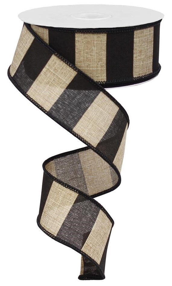 Wide Stripe Ribbon Black on Beige Royal Burlap Wired | Etsy