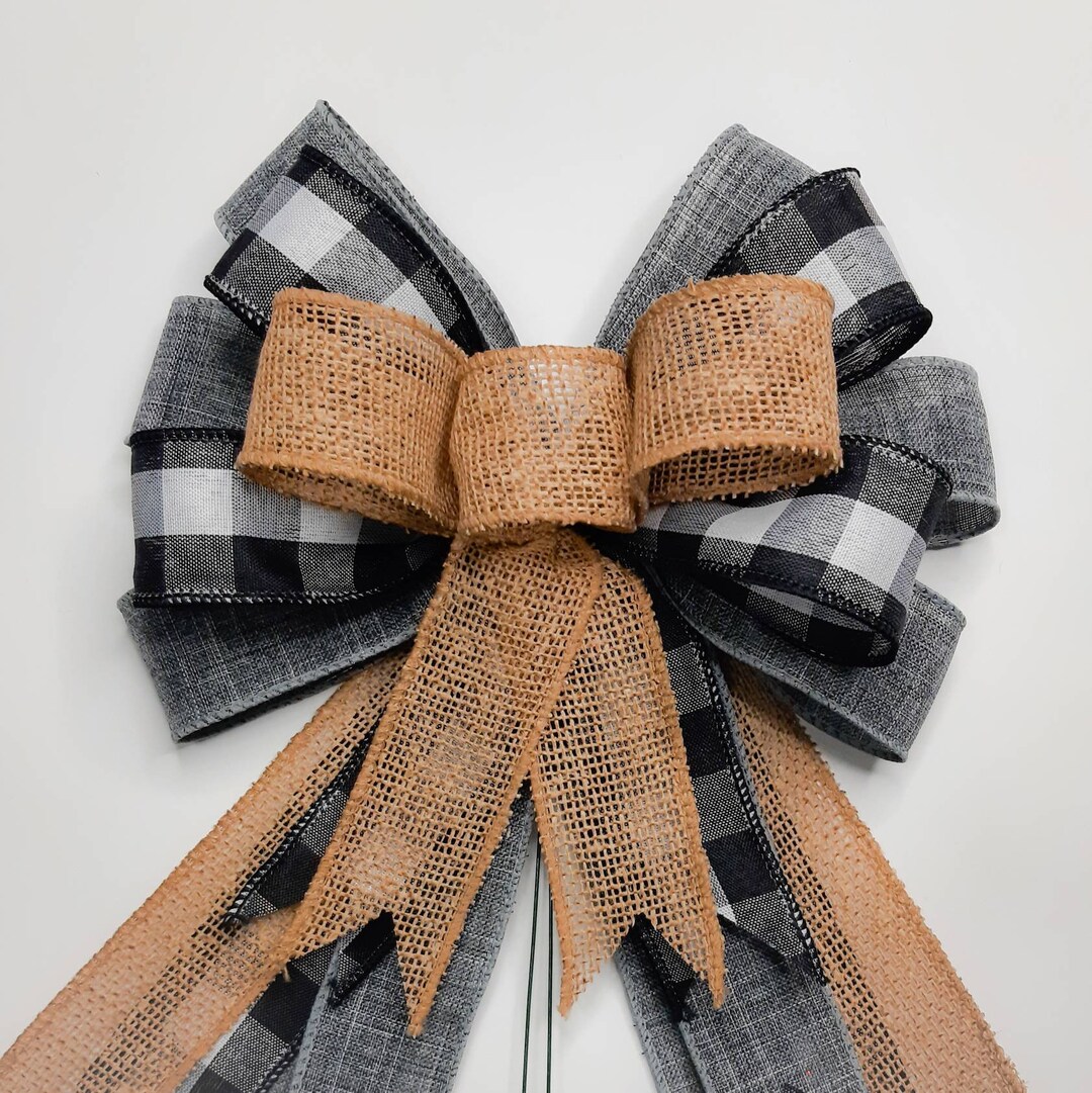 Gray Linen, Burlap, Buffalo Check Bow - Etsy