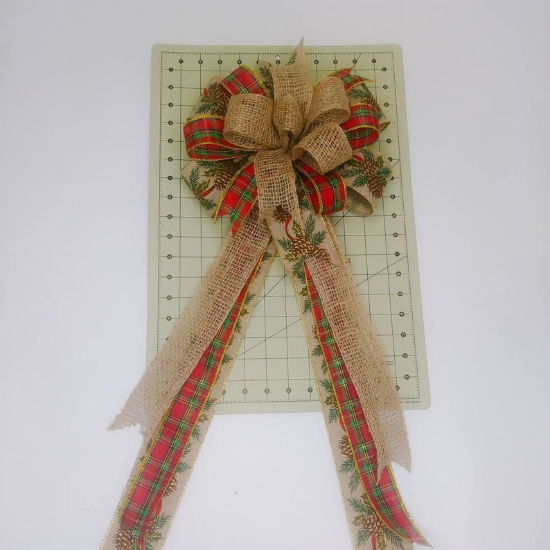 Christmas Bow Wreath Bow Traditional Plaid Pine Cone Print Etsy