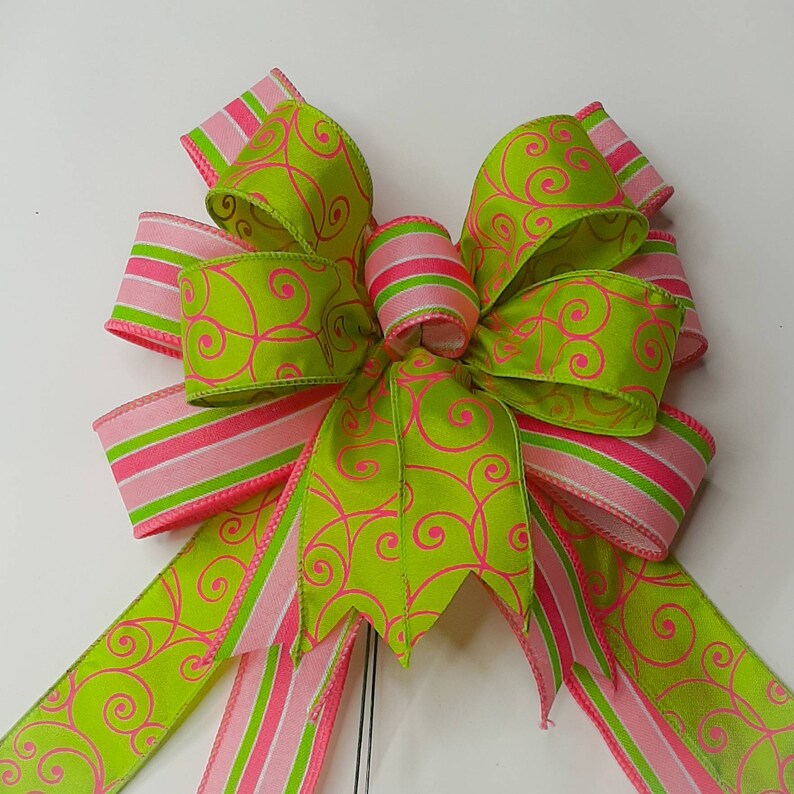 Spring Bow, Apple Green and Pink, Stripes, and Swirls - Etsy