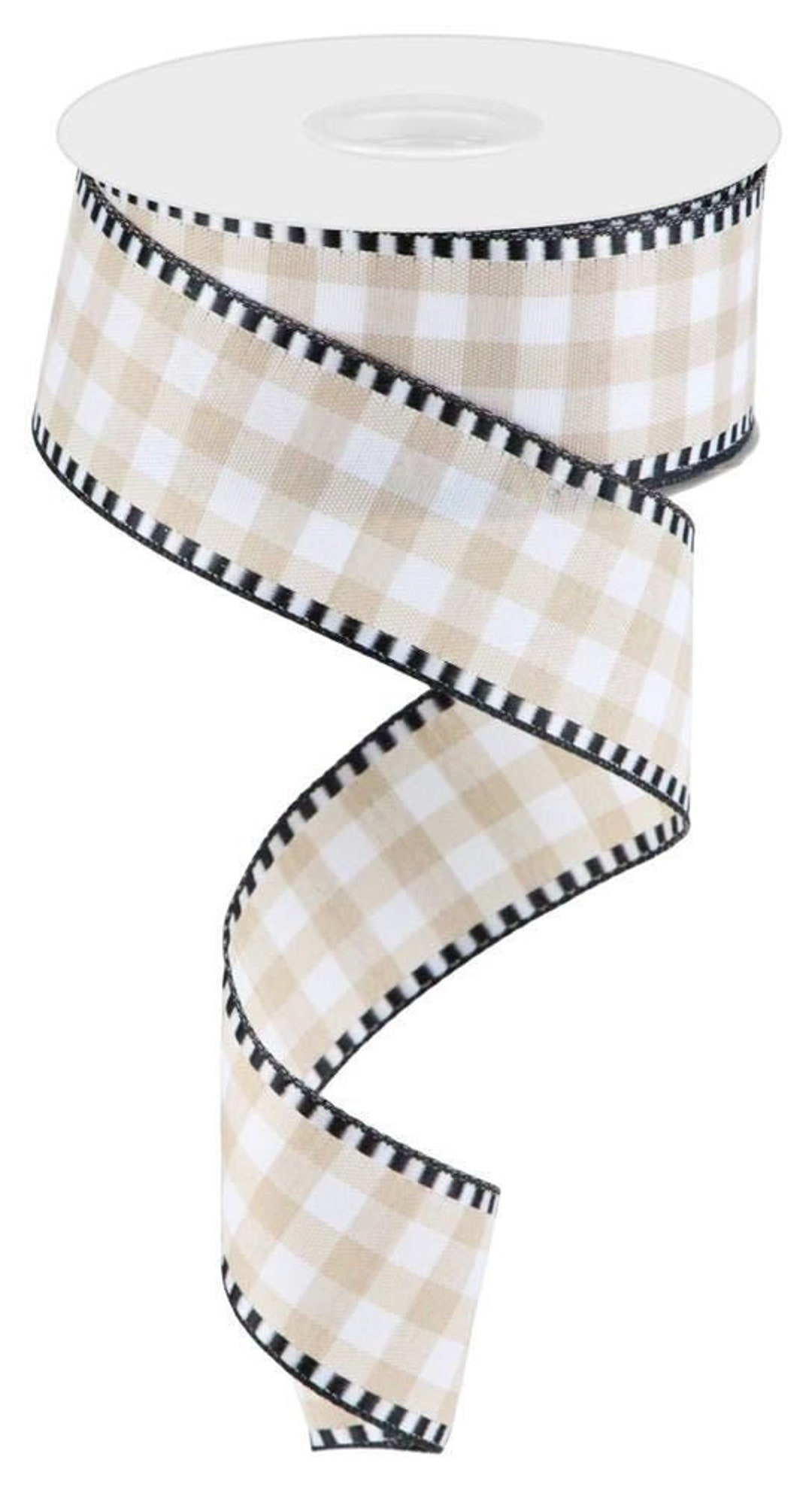Gingham Check W Check Edge Ribbon, Tan/white W Blk/wht Edge, Wired ...