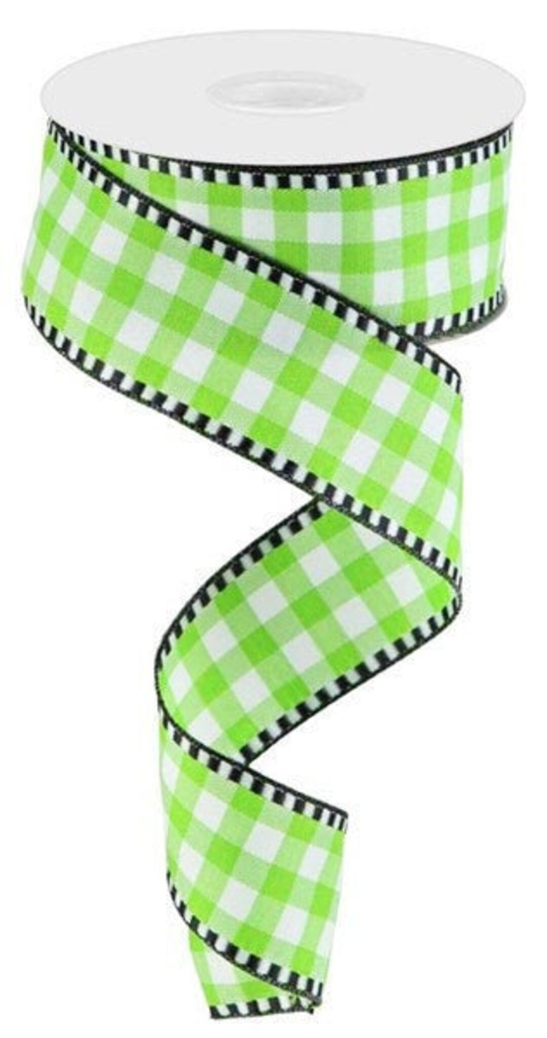 Gingham Check W Check Edge Ribbon, Green/white W Blk/wht Edge, Wired ...