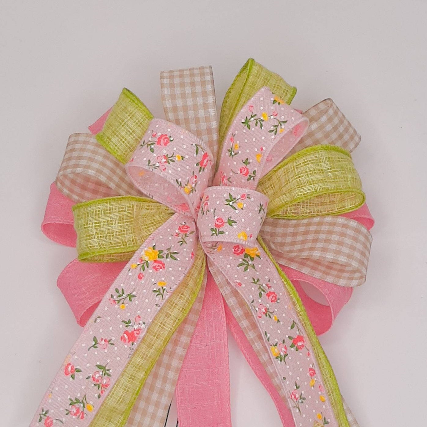 Spring Bow Pink Floral Print Green Check Beige Gingham | Etsy