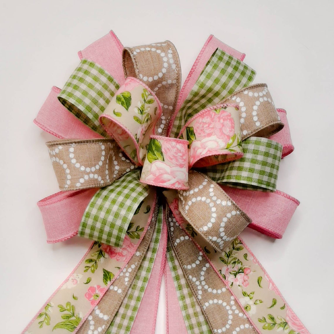 Spring Bow Pink Floral Print Green Gingham Beige Iridescent - Etsy