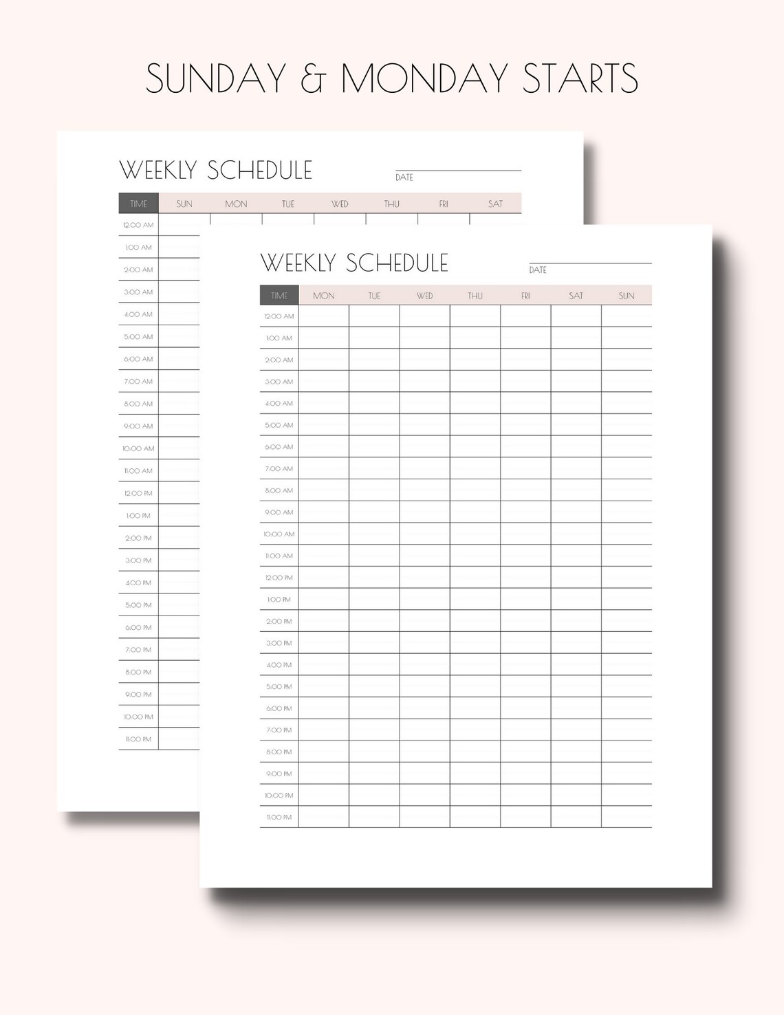 24 Hour Weekly Schedule - Weekly Agenda, Timetable, Letter/a4/a5 ...