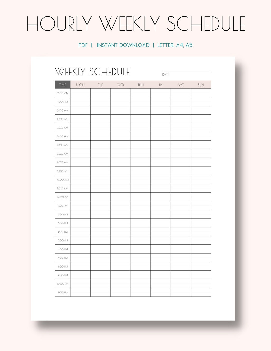 24 Hour Weekly Schedule - Weekly Agenda, Timetable, Letter/a4/a5 ...