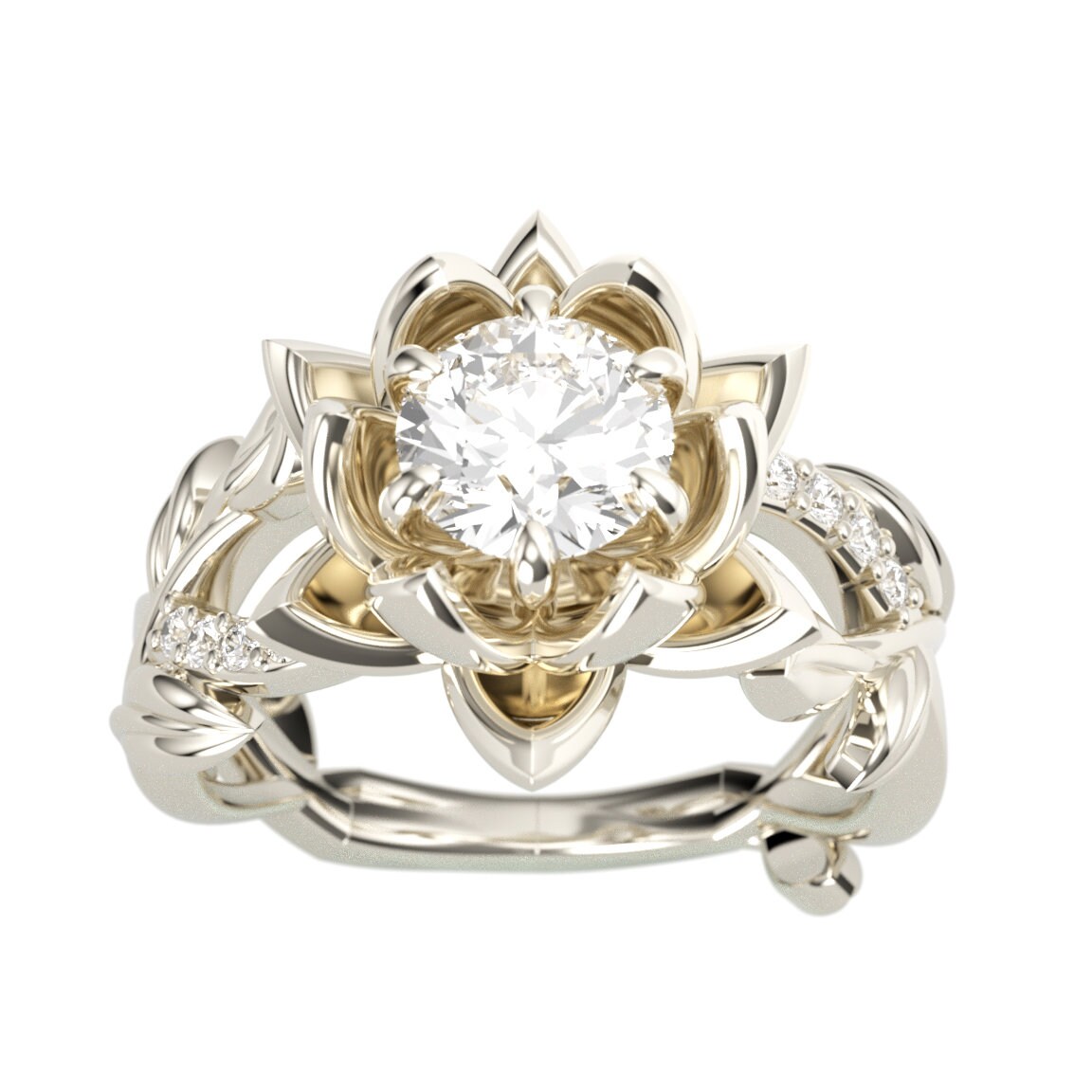 Lotus Ring 14K Gold W/round Moissanite Center | Nature Ring, Flower ...