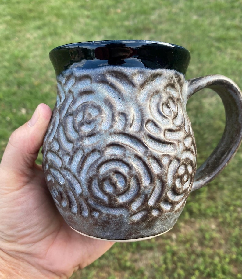 Handmade Carved Pottery Mug: 14 Oz Ceramic Coffee Cup - Etsy