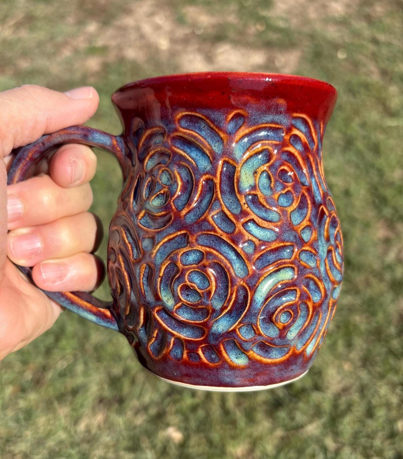 Handmade Pottery Coffee Mug: Carved Ceramic Tea Cup, Black, Blue, and ...