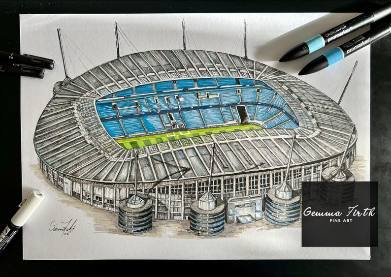 City/etihad Stadium Inspired Drawing Tape Measure Original Artwork ...