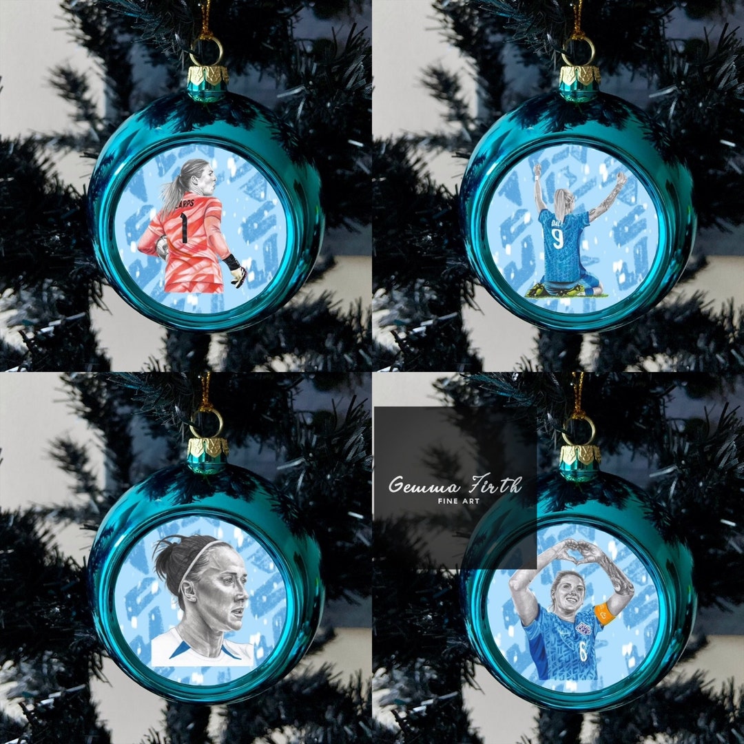 Women's Football Pencil Portraits Christmas Baubles Handmade, Women's ...