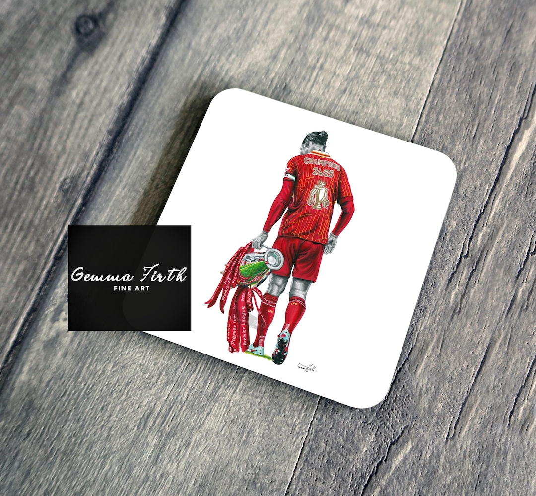 Virgil Van Dijk Drawing Champions 24/25 Coaster the Reds Fan Gift Hand ...