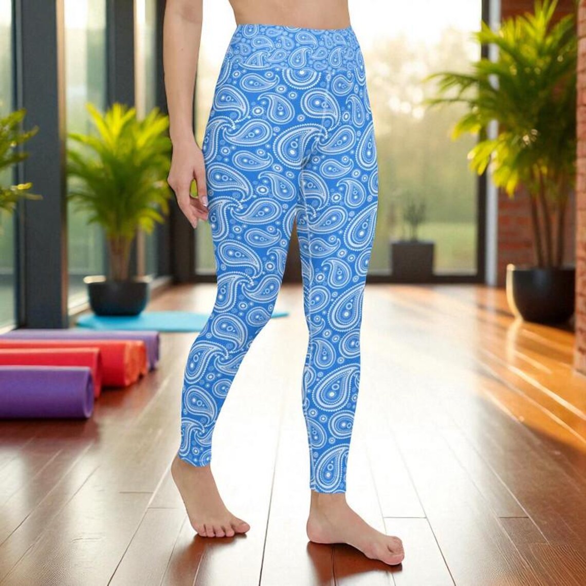 Yoga Leggings Women Blue Paisley Seamless High Waist Tights for Workout ...