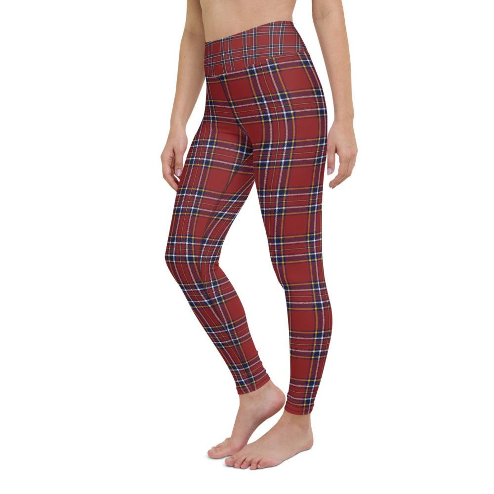 Patterned Yoga Pants Women | Deep Red Tartan High Waisted Workout ...