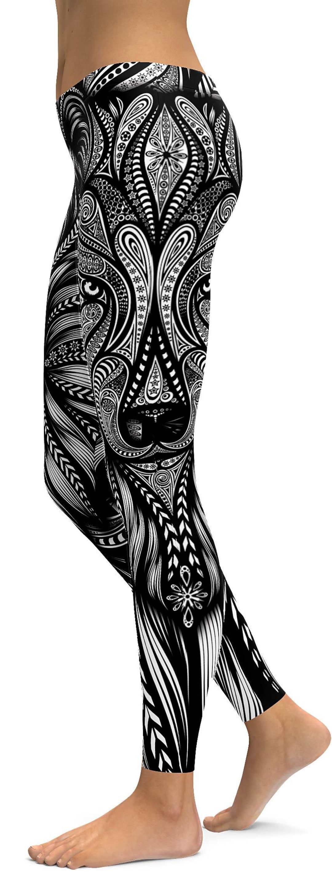 Patterned Workout Leggings Women - Black White Wolf Print High Waisted ...
