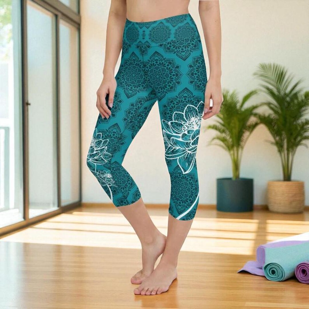 Cyan Lotus Print Capri Yoga Leggings, High Waist - Etsy