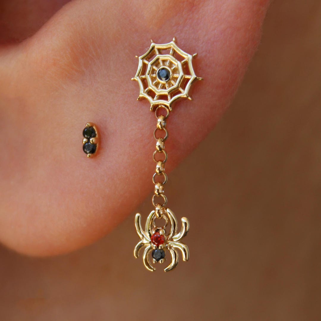 14K Solid Yellow Rose White Gold Spiderweb and Spider in Cubic Zirconia ...