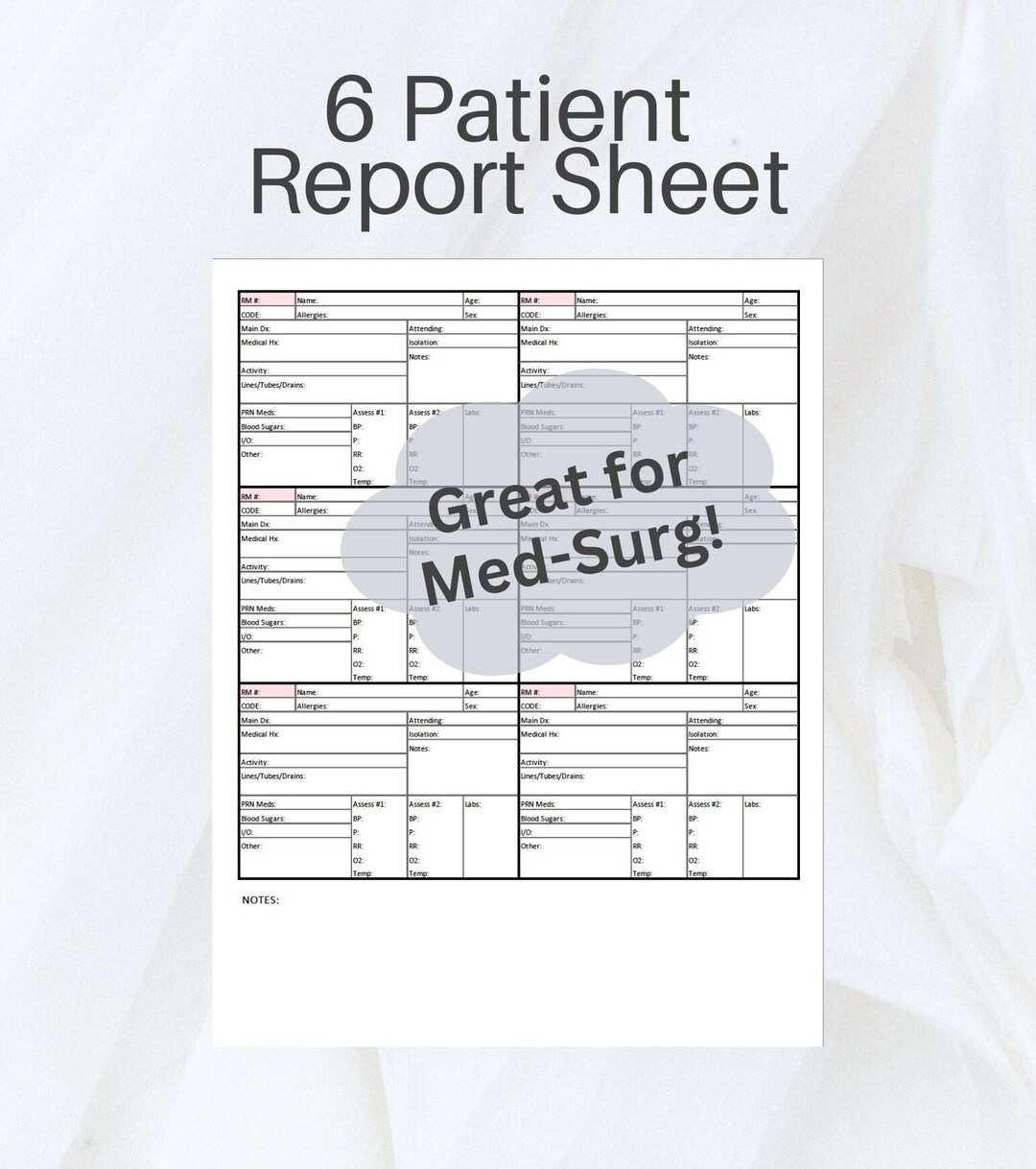 6 Patient Nurse Report Sheet Printable Report Sheet Great for Med/surg ...