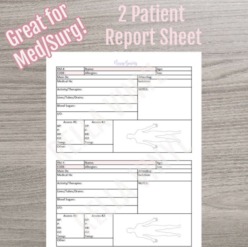 2 Patient Nursing Report Sheet Nurse Brains Sheet Med/surg - Etsy