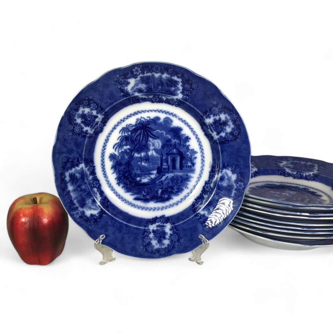 Set of (10) 19th Century Ridgway Oriental Pattern Flow Blue 9.5" Rimmed ...
