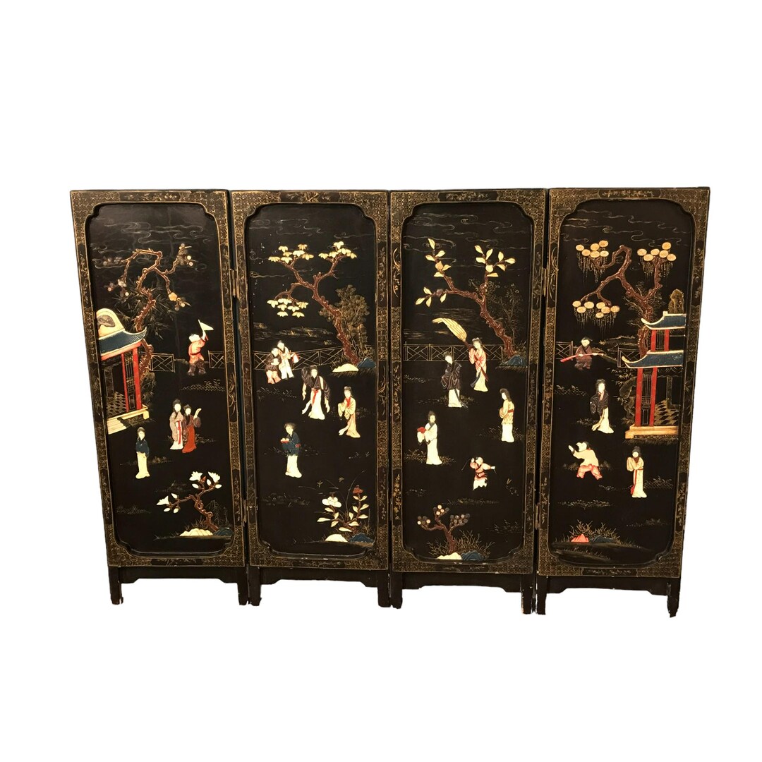 Antique Chinese Lacquered 4 Panel Low Screen - Etsy